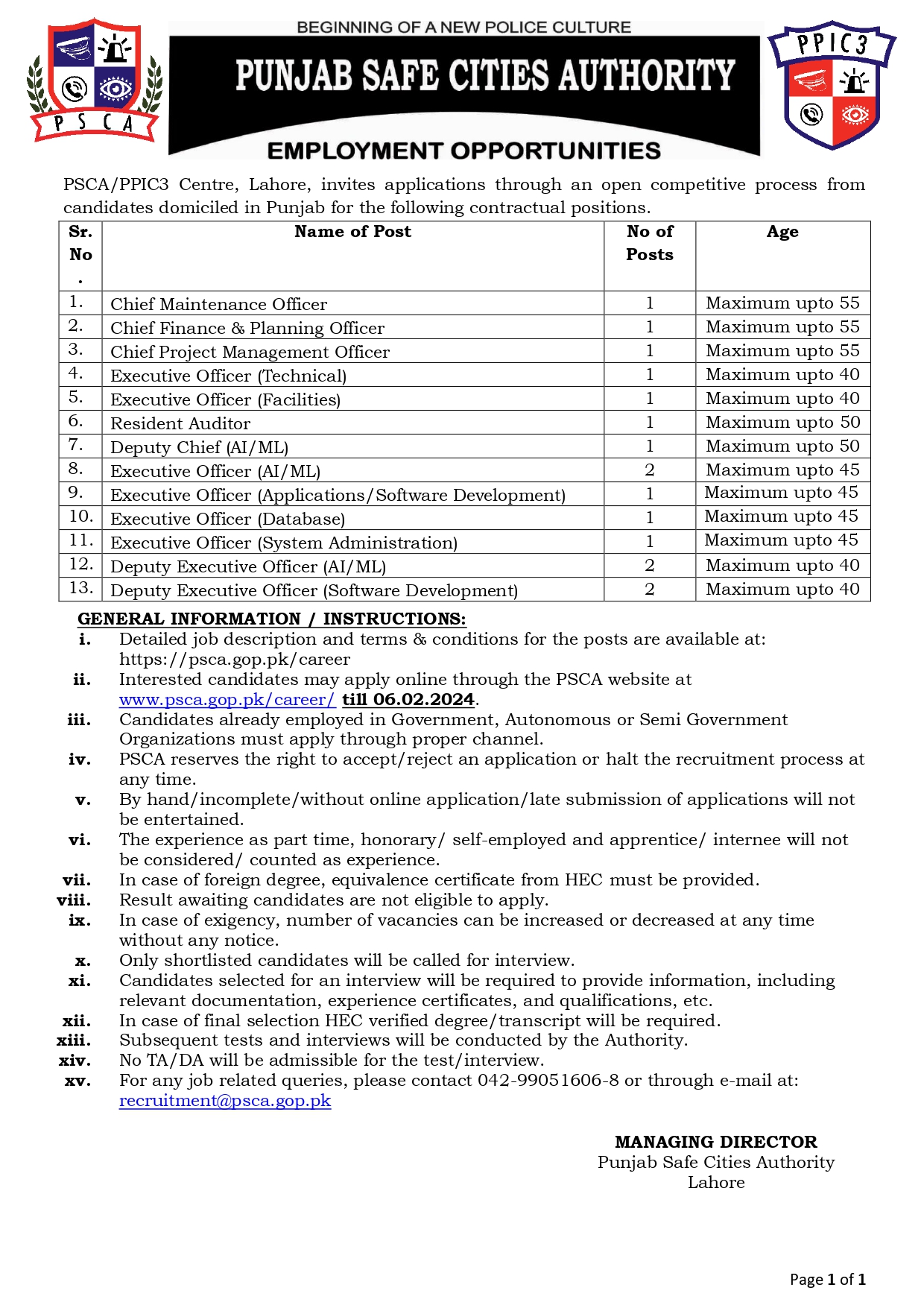 Punjab Police PSCA Jobs 2024| Psca.gop.pk Application Form - Pakistan ...